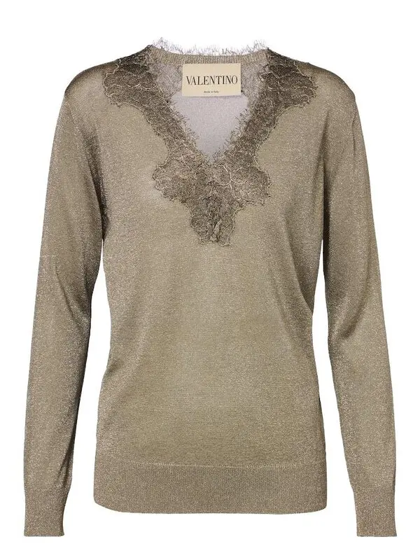 Valentino Garavani Lace-trimmed Metallic Sweater - Gold
