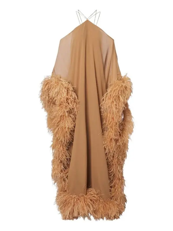 TALLER MARMO Feather-trimmed Kaftan - Beige