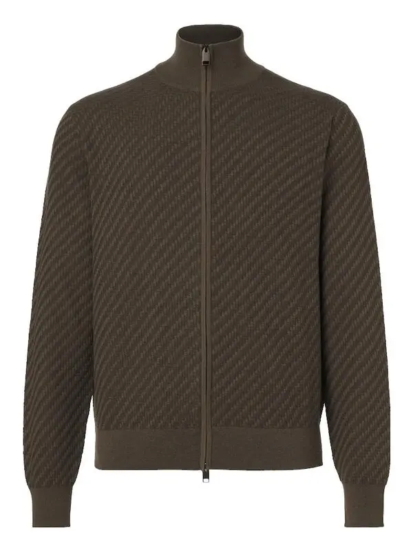 Brioni Jacquard Cotton, Silk, And Cashmere Zip-up Sweater - Brown