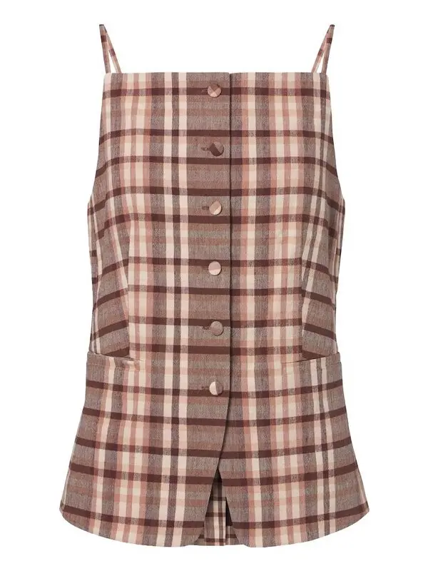 Staud Una Plaid Linen-blend Top - Brown