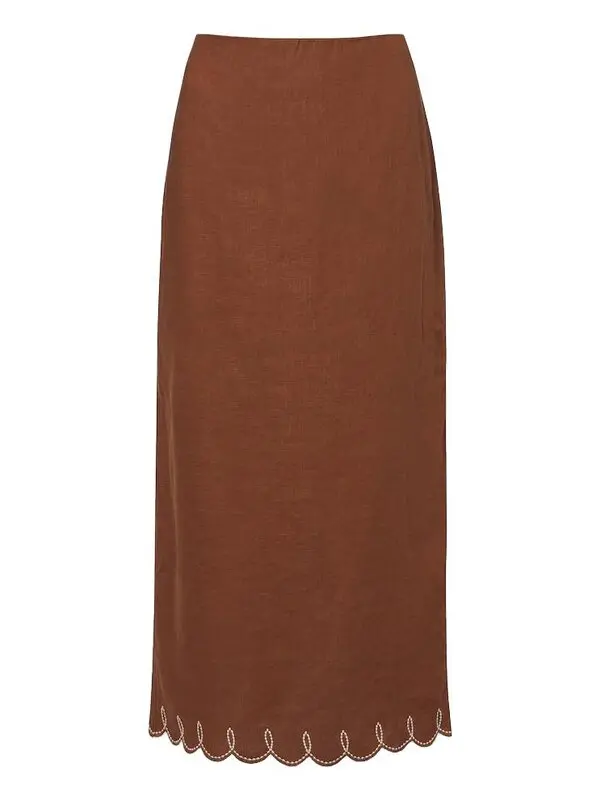 Veronica Beard Malou Embroidered Linen Midi Skirt - Brown