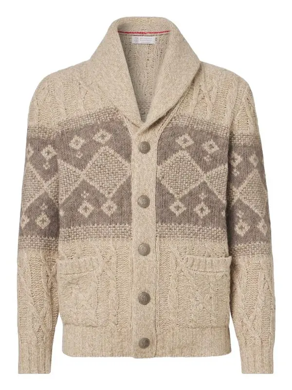 Brunello Cucinelli Jacquard Wool, Silk, And Cashmere Cardigan - Beige