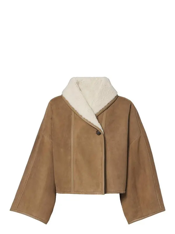 YVES SALOMON Cropped Leather Jacket With Shearling Collar - Beige