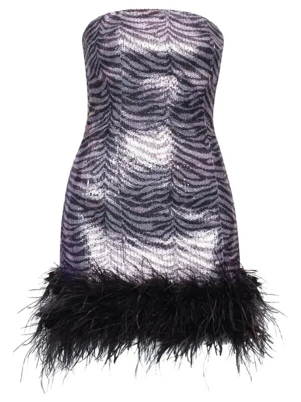 MOV Zebra Sequins Mini Dress With Feather Hem - Black/silver