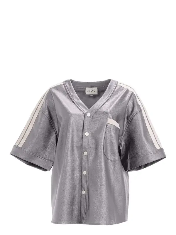 MOV Oversized Short-sleeve Vegan Leather Shirt With Side Stripe Detail - Grey
