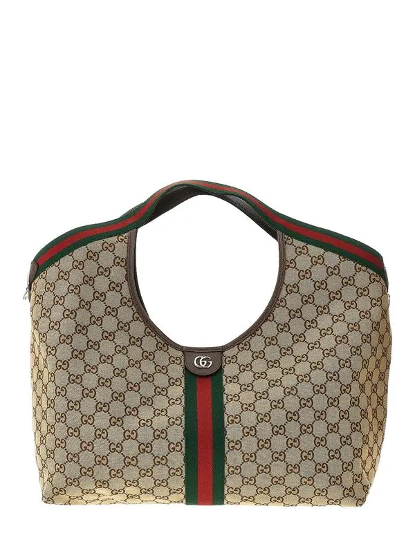 Gucci Large Gg Monogram Canvas Shopping Bag With Web Detail - Brown