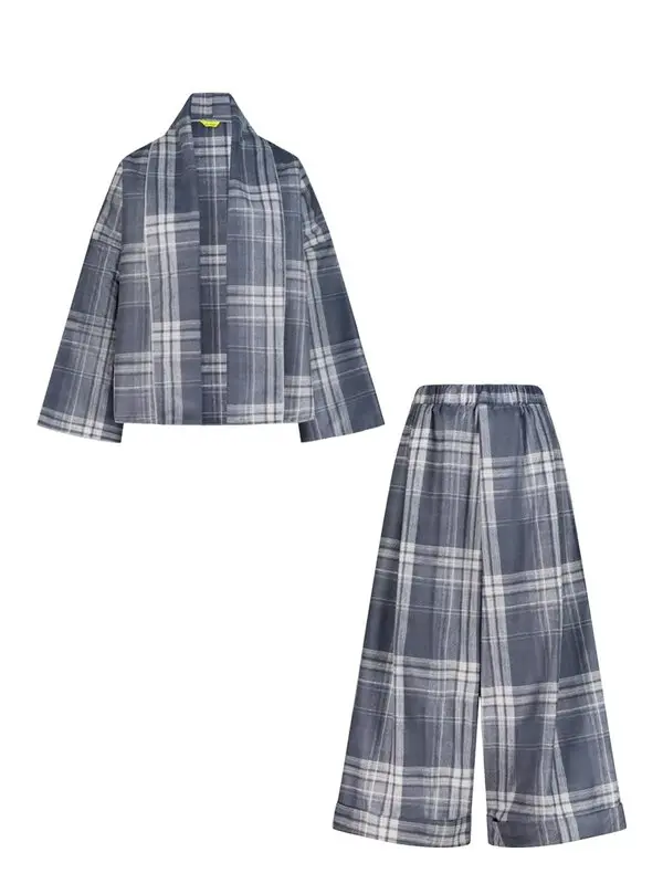 EMANMOON Plaid Velvet Set - Blue/white