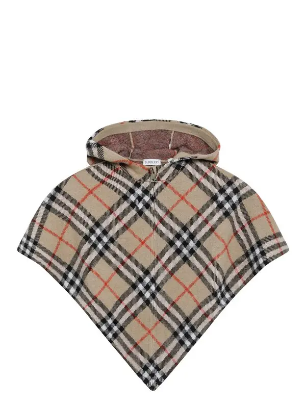 Burberry Sand Checked Wool Cape With Hood - Beige