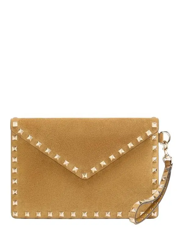 Valentino Garavani Rockstud Suede Clutch Bag - Havana Beige