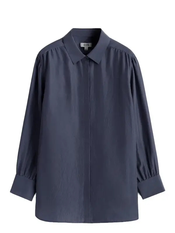 Cos Gathered Washed-silk Shirt - Navy