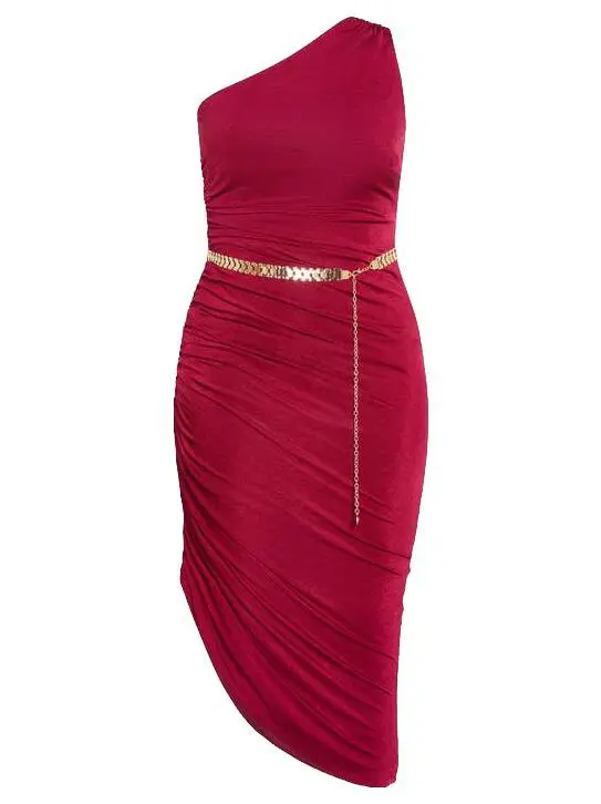 City Chic Slink Ruched One-shoulder Body-con Dress - Pomegranate