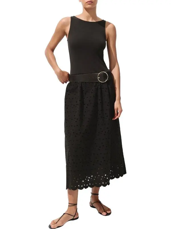 Mango Embroidered Eyelet Mixed Media Dress - Brown