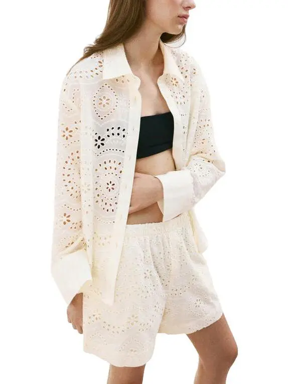 Mango Eyelet Cotton Shirt With Floral Cutouts - Ecru
