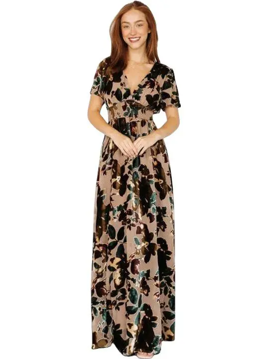 BALTIC BØRN Valen Maxi Dress In Floral Burnout Velvet - Champagne Multi