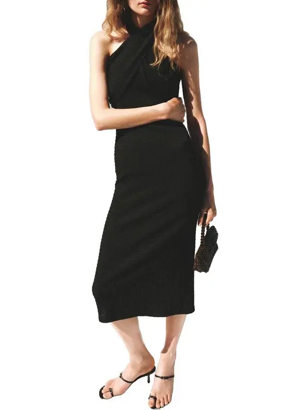 Mango Textured Halterneck Midi Dress With Slit - Black