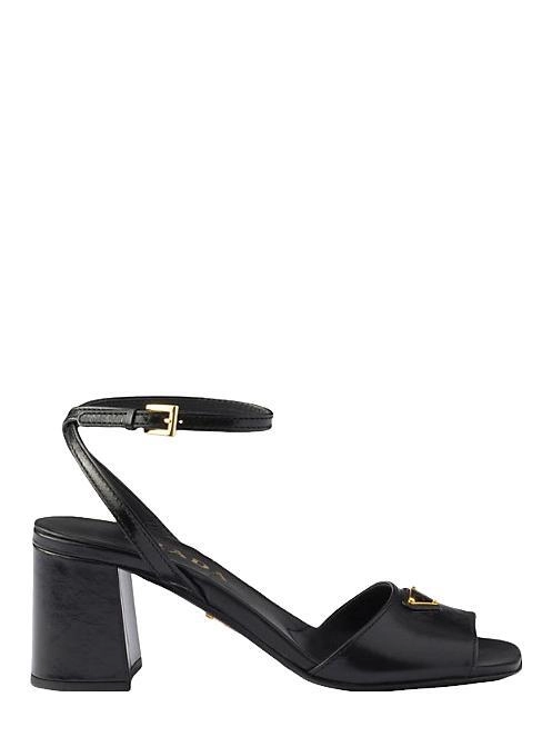 Prada Leather Heeled Sandals With Triangle Logo - Black
