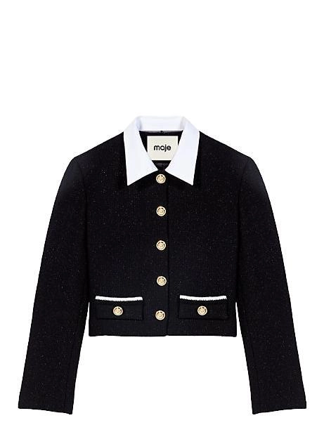 Maje Cropped Tweed Jacket With Detachable Collar And Cuffs - Black