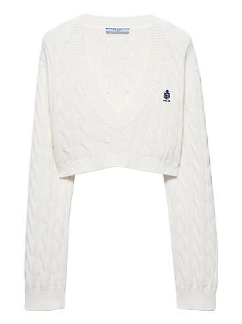 Prada V-neck Cable-knit Cotton Jumper - White