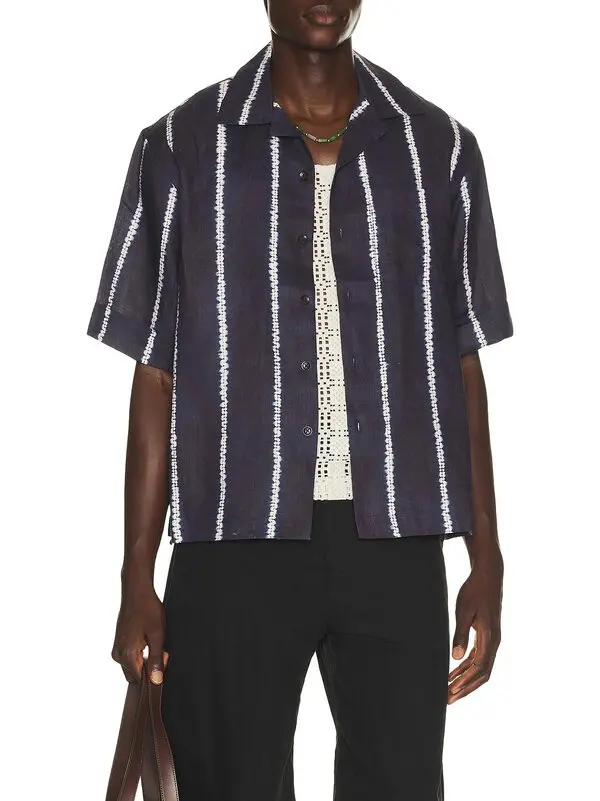 Commas Shibori Stripe Cuffed Camp Collar Shirt In Blue - Navy