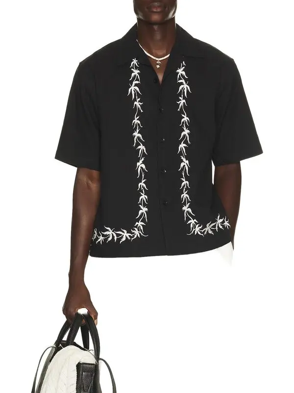 Commas Palm Embroidery Bowling Shirt - Black