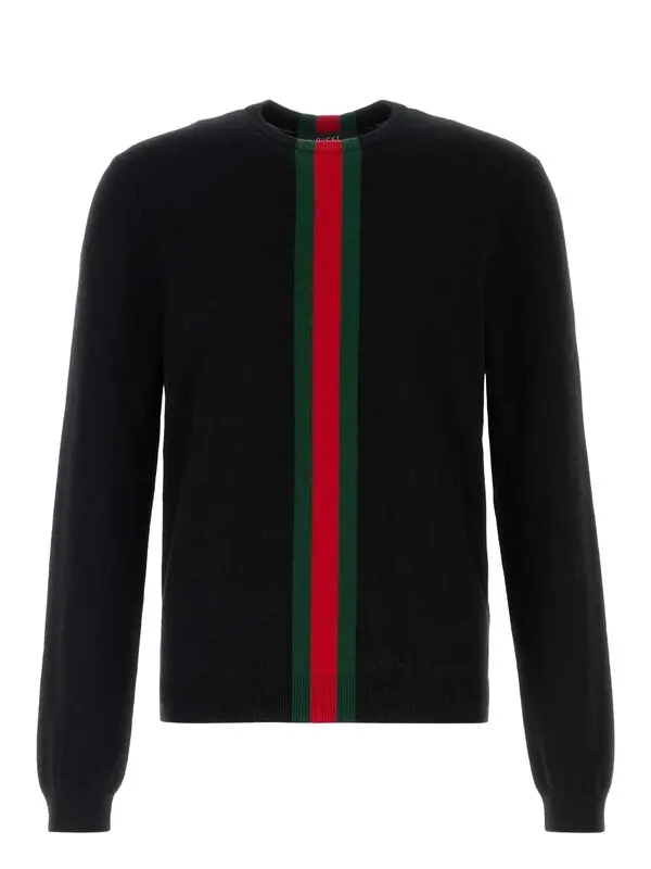 Gucci Long Sleeve Crew Neck Knit Top With Striped Detail - Black