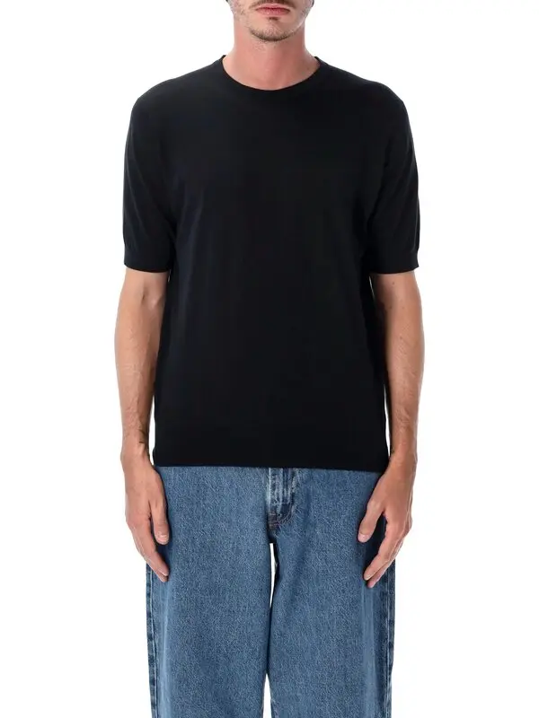 John Smedley Essential Cotton T-shirt With Crew Neck, Ribbed Hem & Cuffs - Nero