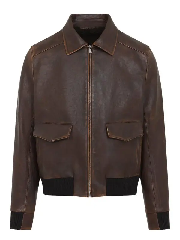 Prada Leather Bomber Jacket Fw26 - Brown