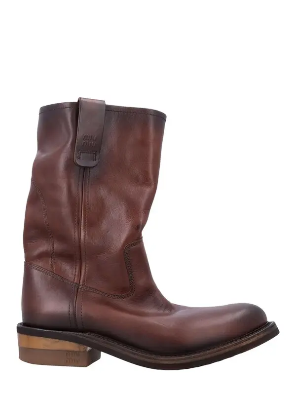 Miu Miu Mini Aged-effect Leather Slouch Booties With Logo Heel Detail - Coffee