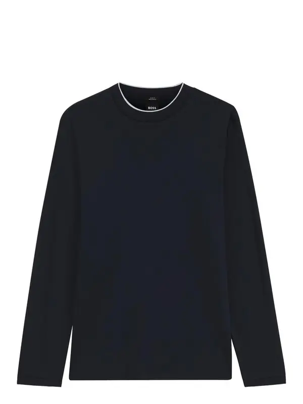 BOSS Long-sleeved T-shirt In Mercerized Cotton With Contrast Trim - Dark Blue
