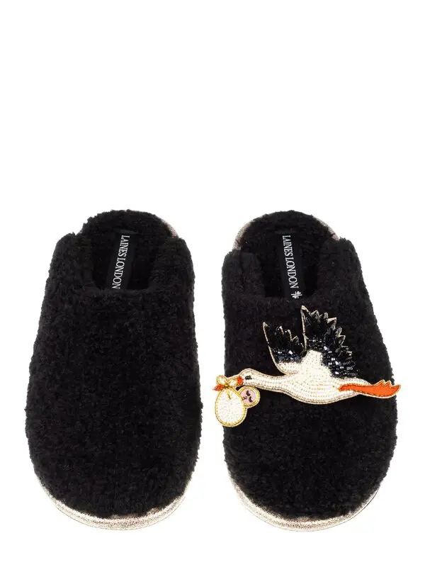 LAINES LONDON Teddy Towelling Closed Toe Slippers With Stork Brooch - Black/gold