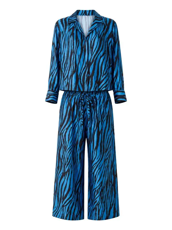 CHIARELLA Blue Zebra Print Satin Palazzo Trousers - Blue/black