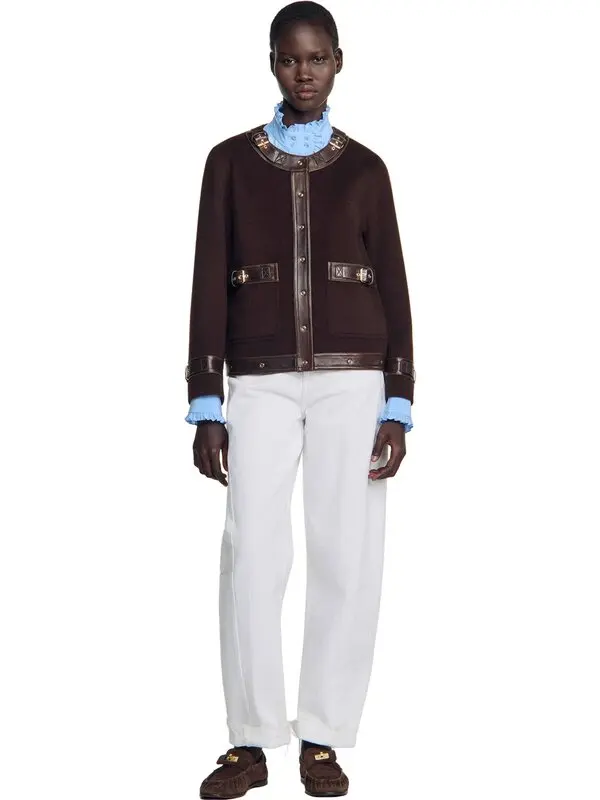 Sandro Short Coat With Lambskin And Metal Buckle Details - Brown