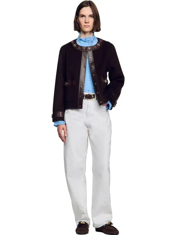 Sandro Short Coat With Lambskin And Metal Buckle Details - Brown
