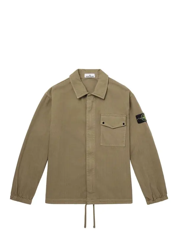 Stone Island Logo-appliquéd Garment-dyed Herringbone Cotton Shirt - Green