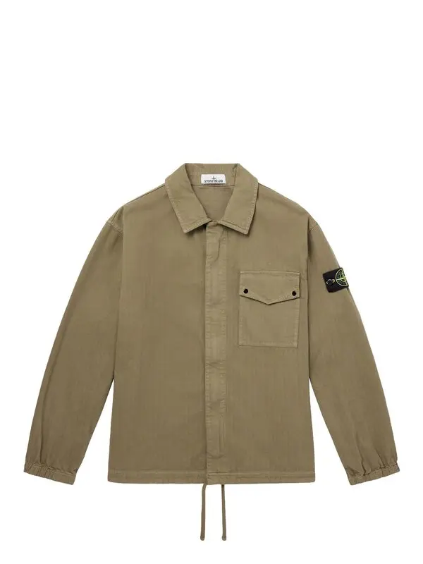 Stone Island Logo-appliquéd Garment-dyed Herringbone Cotton Shirt - Green