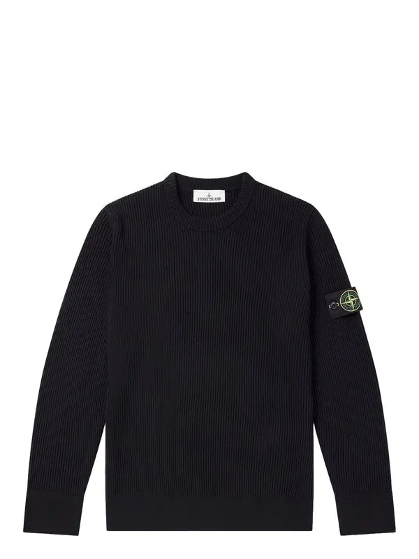 Stone Island Logo-appliquéd Ribbed Virgin Wool Sweater - Black