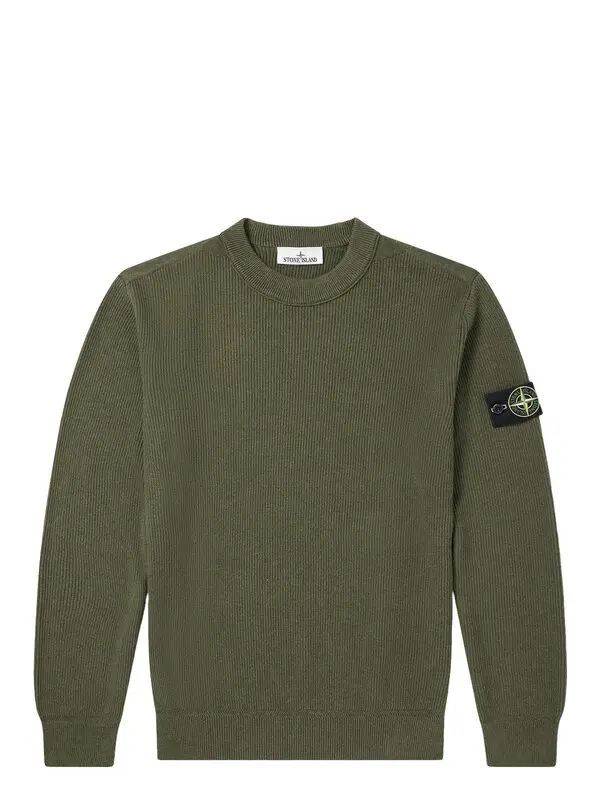 Stone Island Logo-appliquéd Ribbed Cotton Sweater - Green