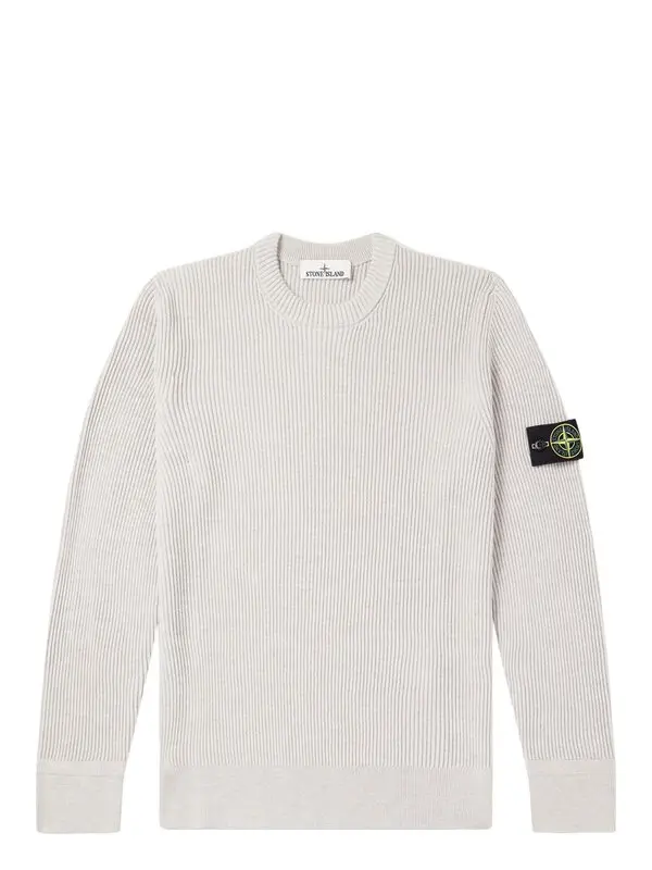 Stone Island Logo-appliquéd Ribbed Virgin Wool Sweater - Gray