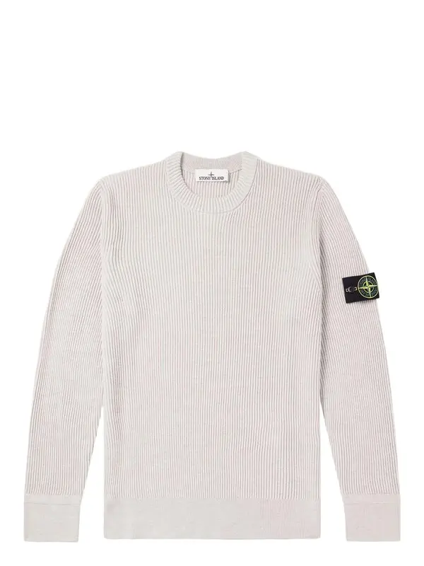 Stone Island Logo-appliquéd Ribbed Virgin Wool Sweater - Light Gray