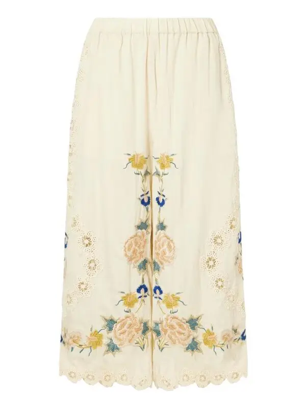 Sea Adonna Embroidered Cotton Wide-leg Cropped Pants - Neutrals
