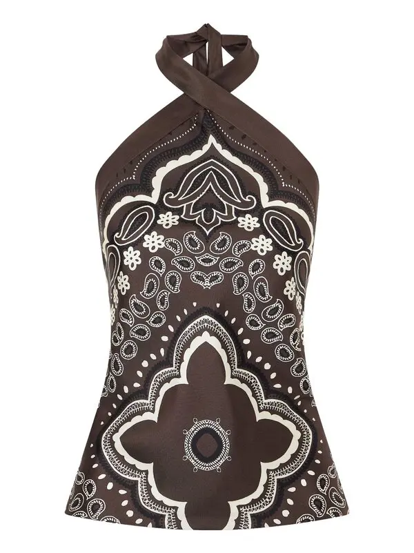 NILI LOTAN Solal Printed Silk Halter Top - Brown