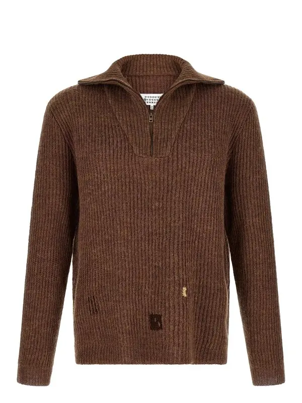 MAISON MARGIELA Ribbed Half-zip Pullover With Distressed Details - Brown