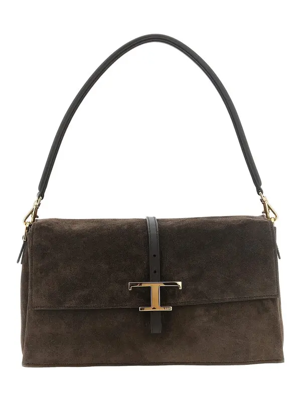 TOD'S Suede Shoulder Bag With 't Timeless' Metal Plate - Brown