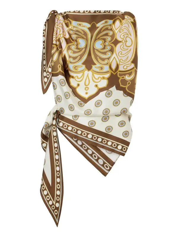 La DoubleJ Asymmetrical Knotted Printed Silk-satin Blouse - Brown