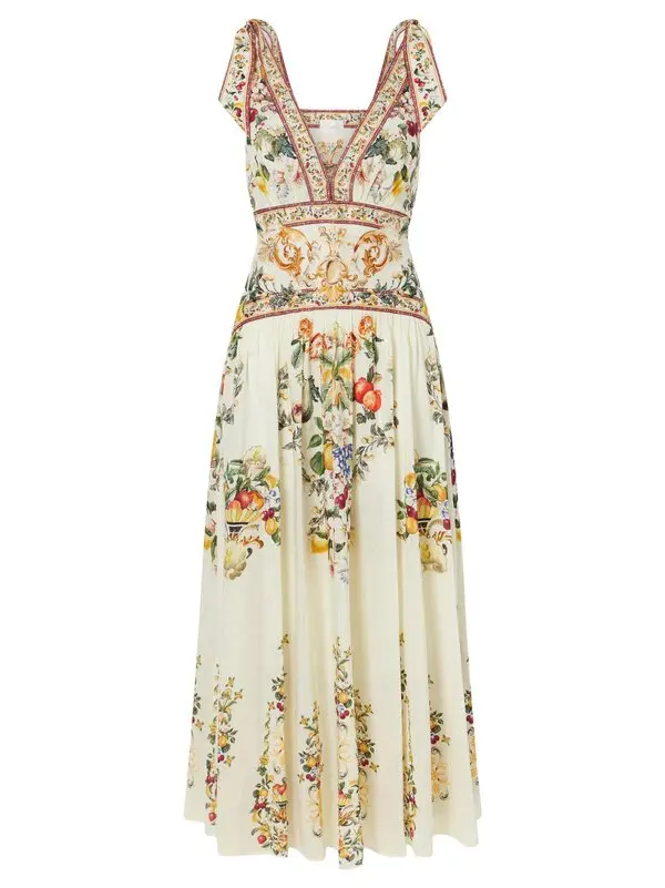 Camilla Printed Embellished Linen And Silk-blend Maxi Dress - Neutrals