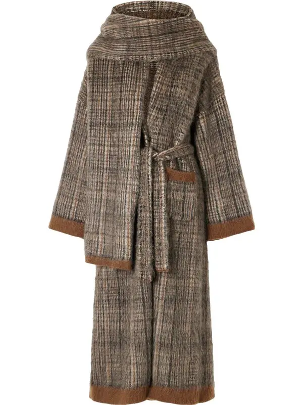 Brunello Cucinelli Belted Checked Wool-blend Coat With Integrated Scarf - Gray