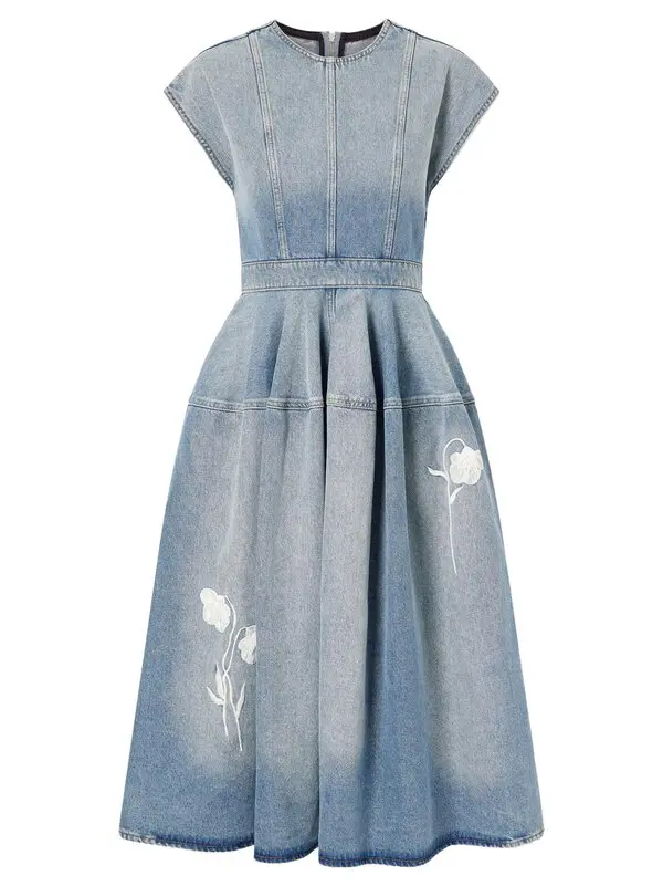 Erdem Floral Appliqué Denim Midi Dress - Blue