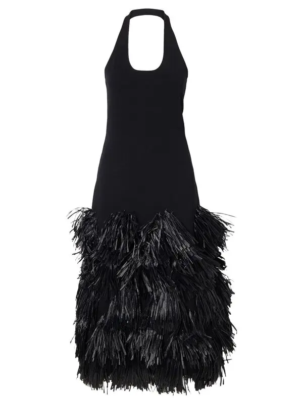 Aje Elva Halterneck Stretch-jersey Midi Dress With Raffia-effect Poms - Black
