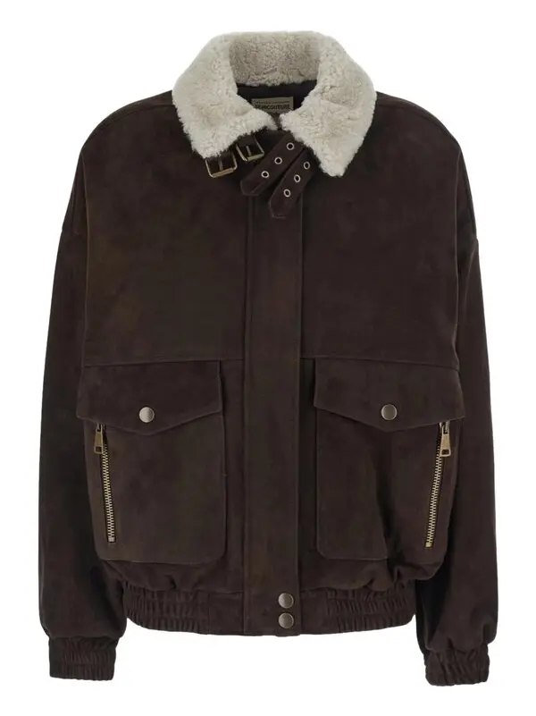 SEMICOUTURE Gloria Shearling Collar Bomber Jacket - Brown
