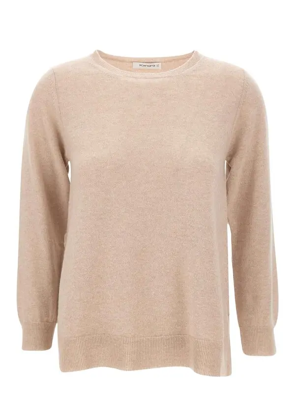 KANGRA Crew Neck Knitted Sweater With Side Slits - Beige